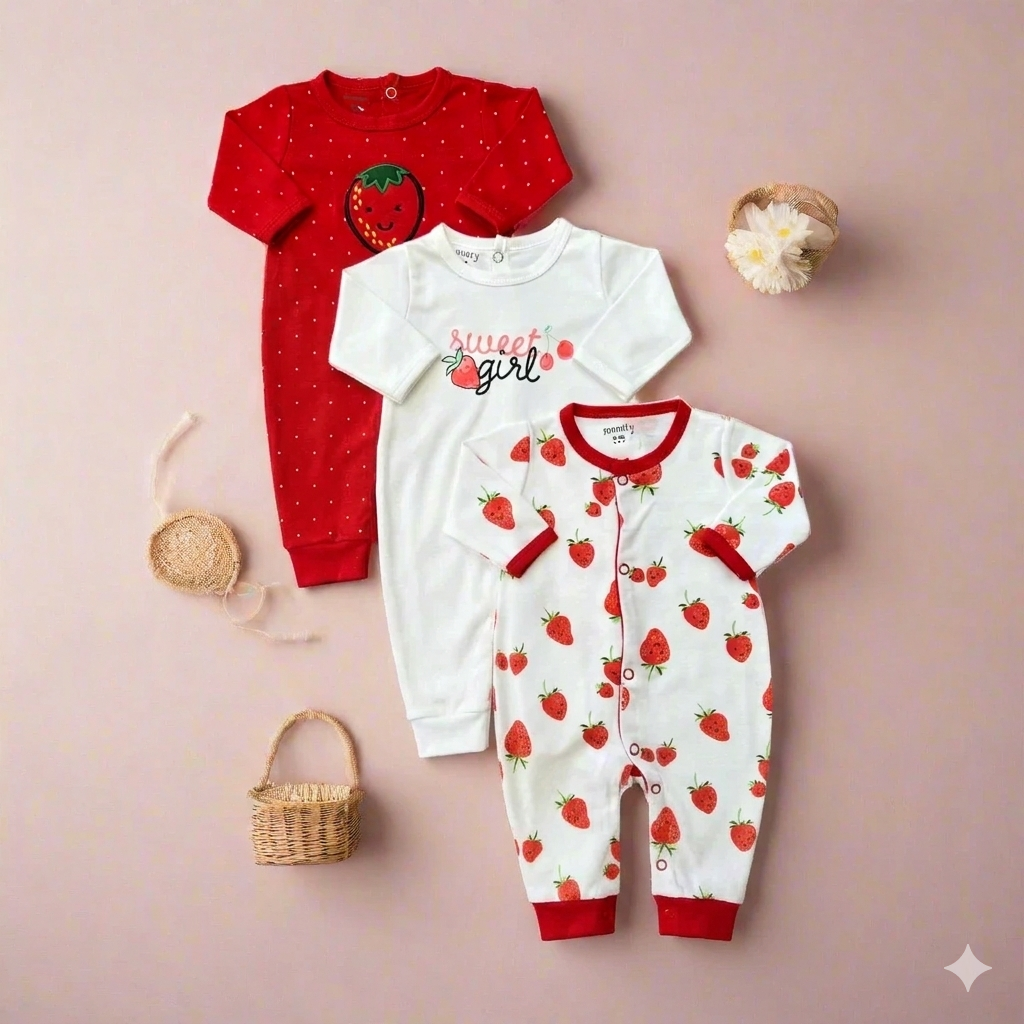 Sunnozy Baby Footed Rompers Pack of 3 | 0-6M | Alaya Junior